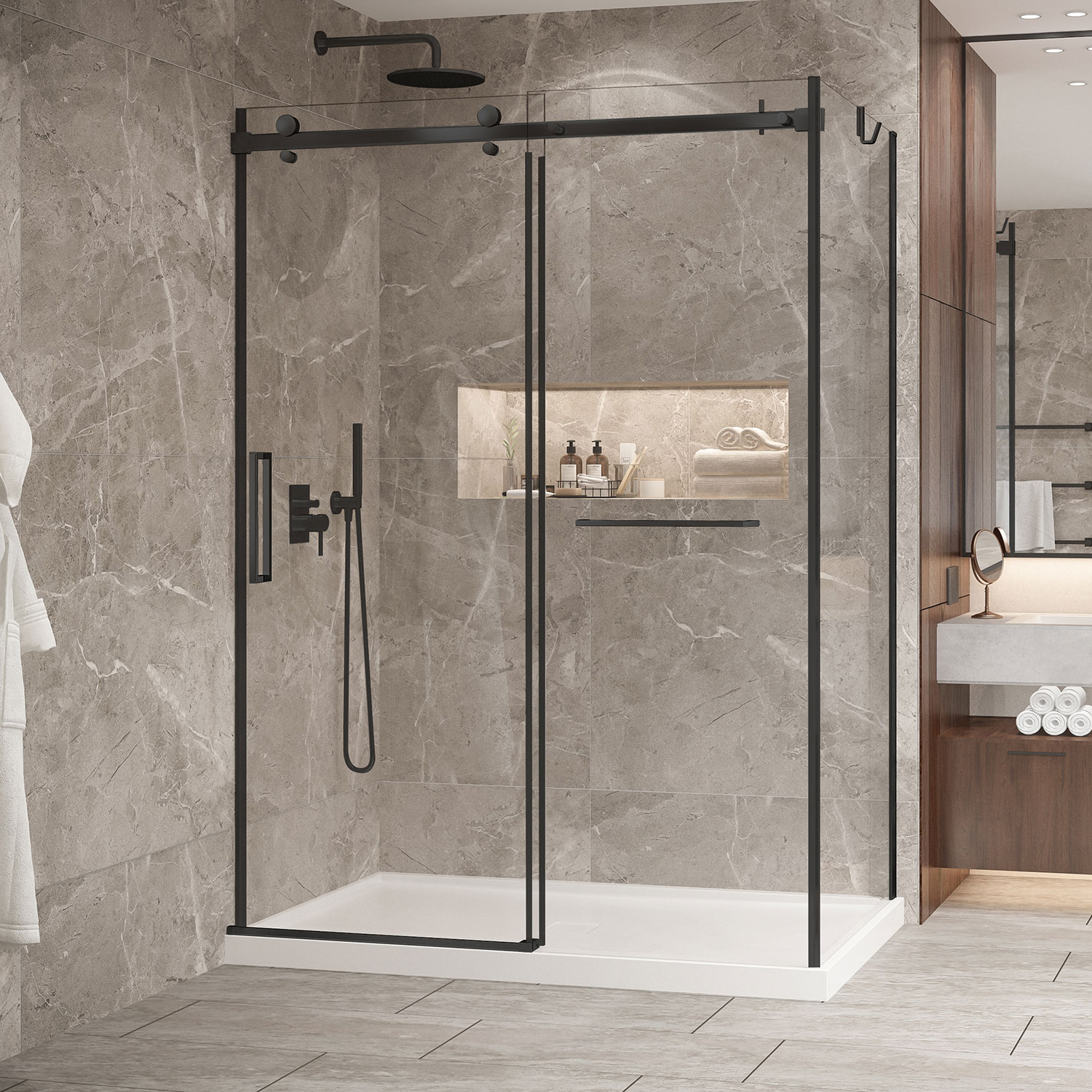 Shower door 60" x 36", in a corner closing on wall, wall on the left, door on the left, in matte ...